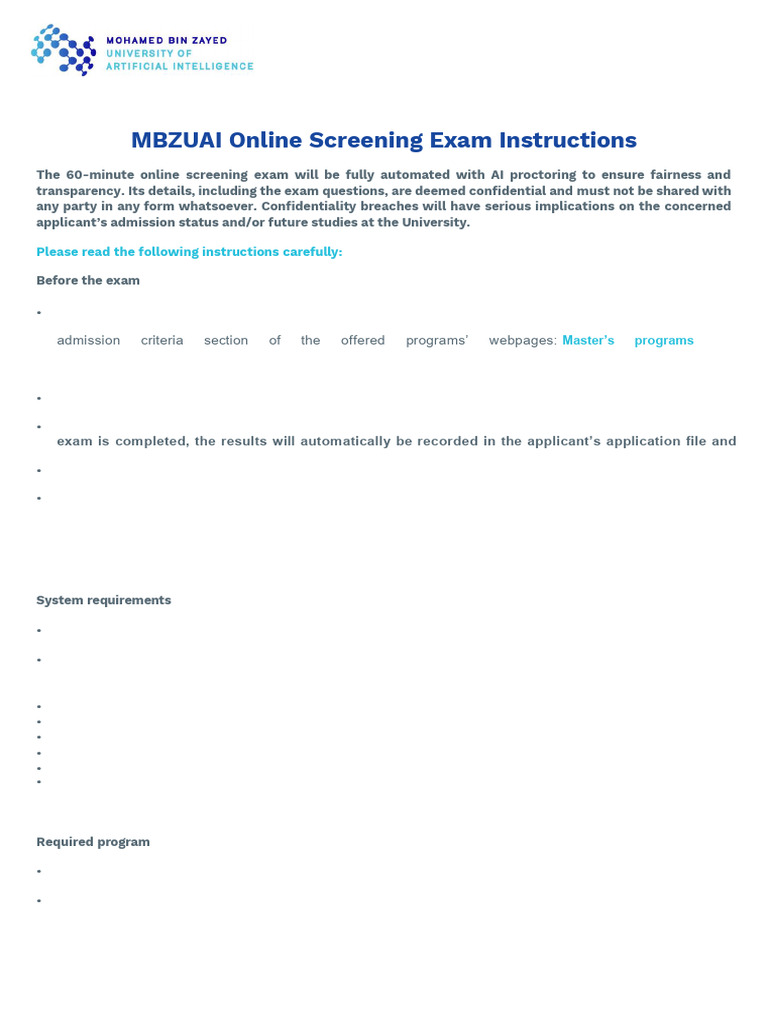 MBZUAI Online Screening Exam Instructions | PDF | Regression Analysis | Operating System