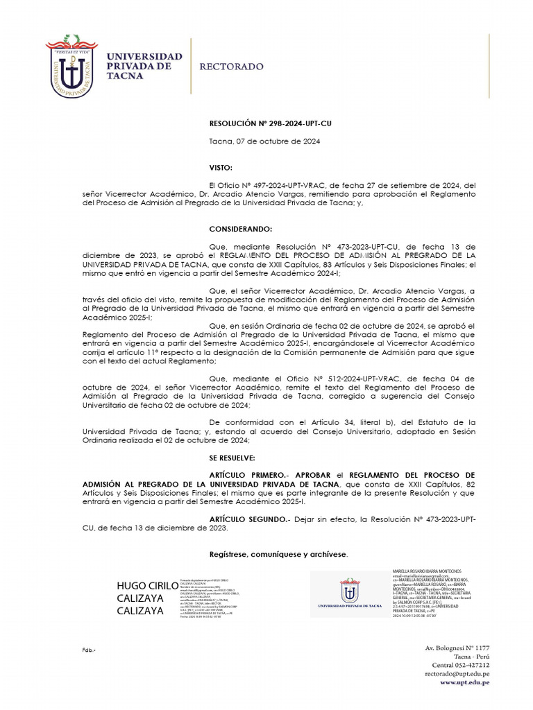 R 298 2024 UPT CU Reglamento Proceso Admision Pregrado Vigente (2) | PDF | Documento de ...
