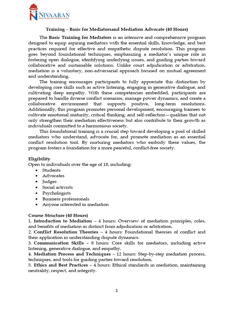 Basic Mediator Training Course (40 Hours) | PDF | Mediation | Learning