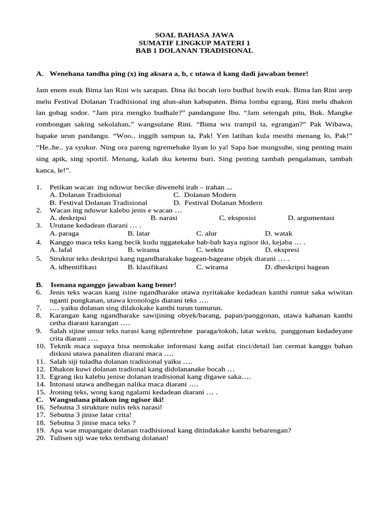 Soal Bahasa Jawa SLM 1 | PDF