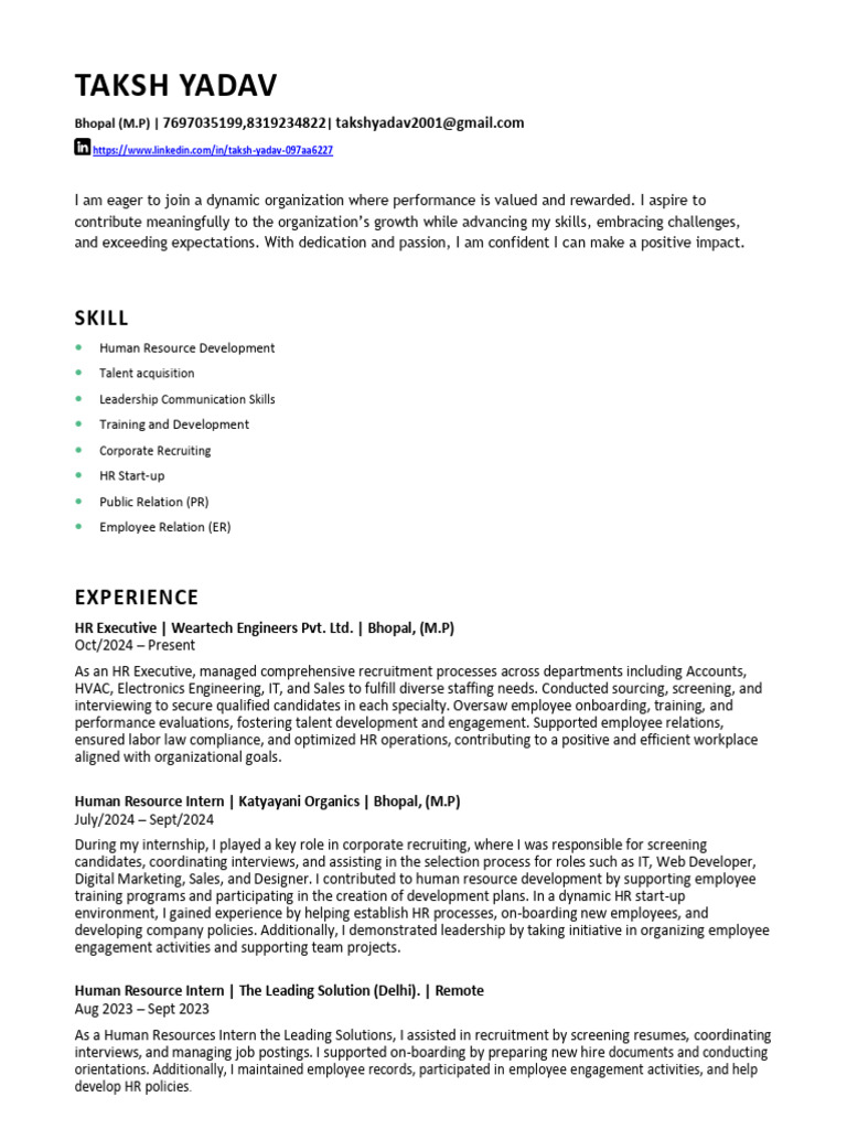 Resume Format For Fresher | PDF | Human Resources | Workplace