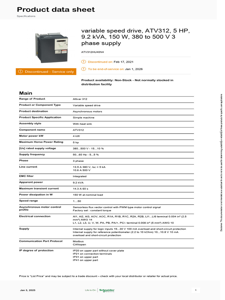 Discontinued ATV312 Variable Speed Drive | PDF | Physical Quantities ...
