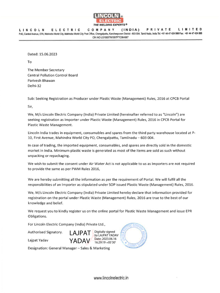 Plastic Waste Management Letter | PDF