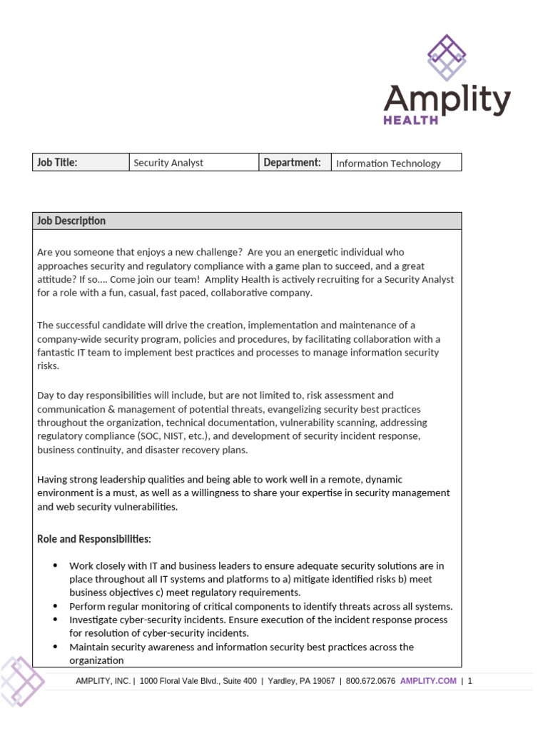 Job Description - Security Analyst | PDF | Computer Security | Security