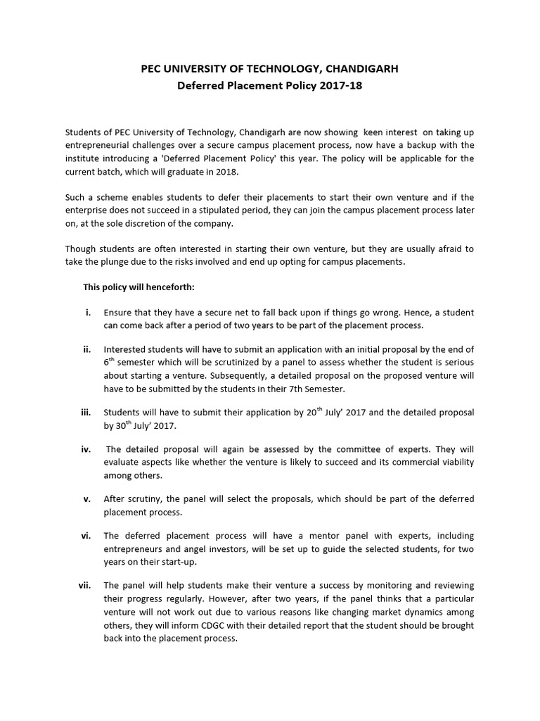 PEC University Deferred Placement Policy | PDF