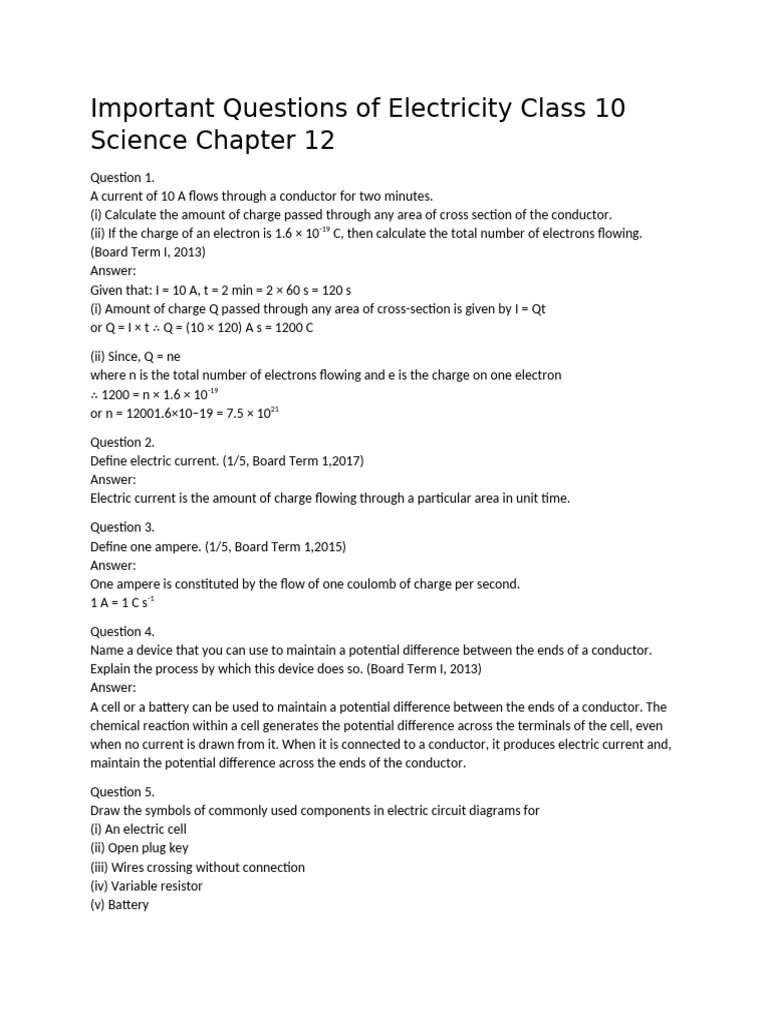 Class 10 Electricity Key Questions & Answers | PDF | Electrical ...