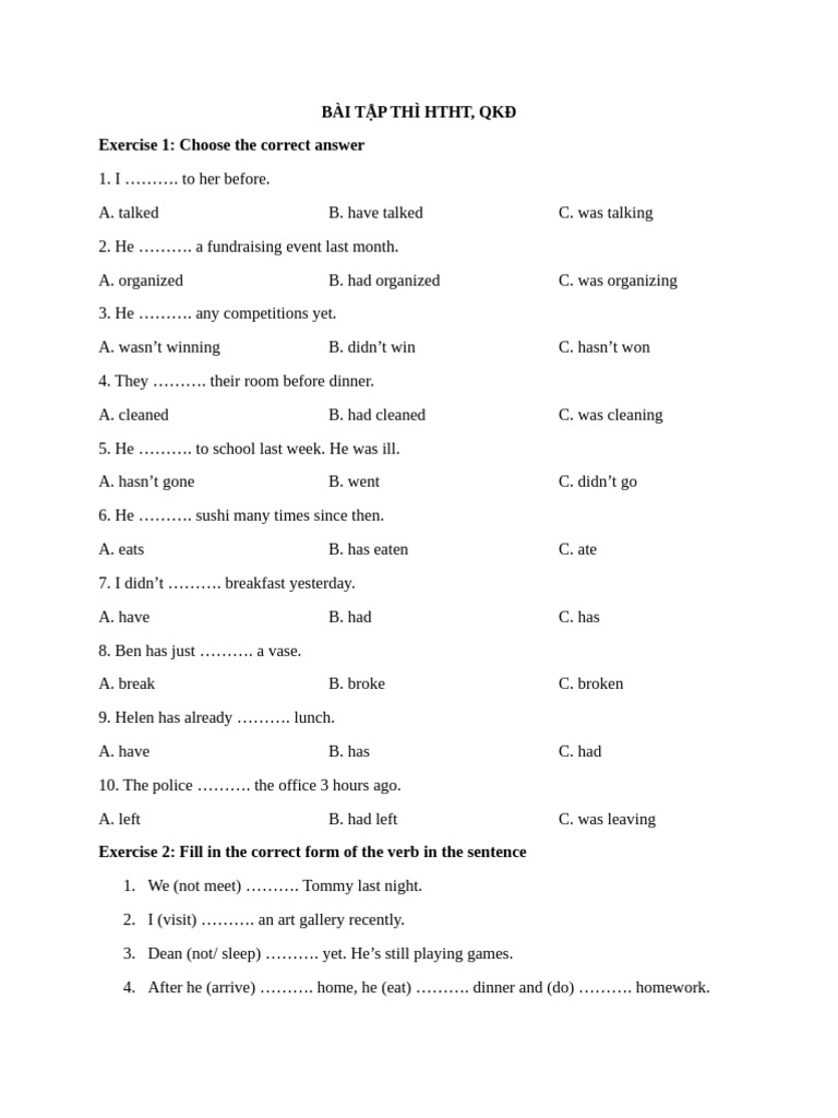 BÀI TẬP THÌ HTHT-QKĐ | PDF