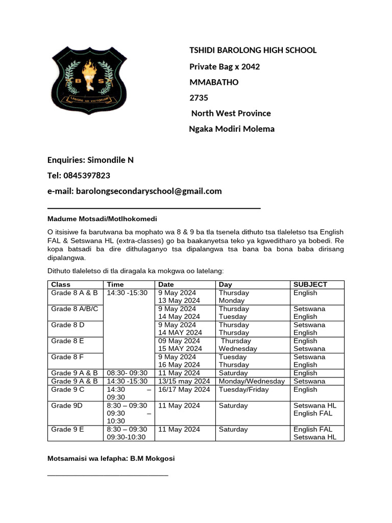 Extra Classes Schedule for Grades 8-9 | PDF