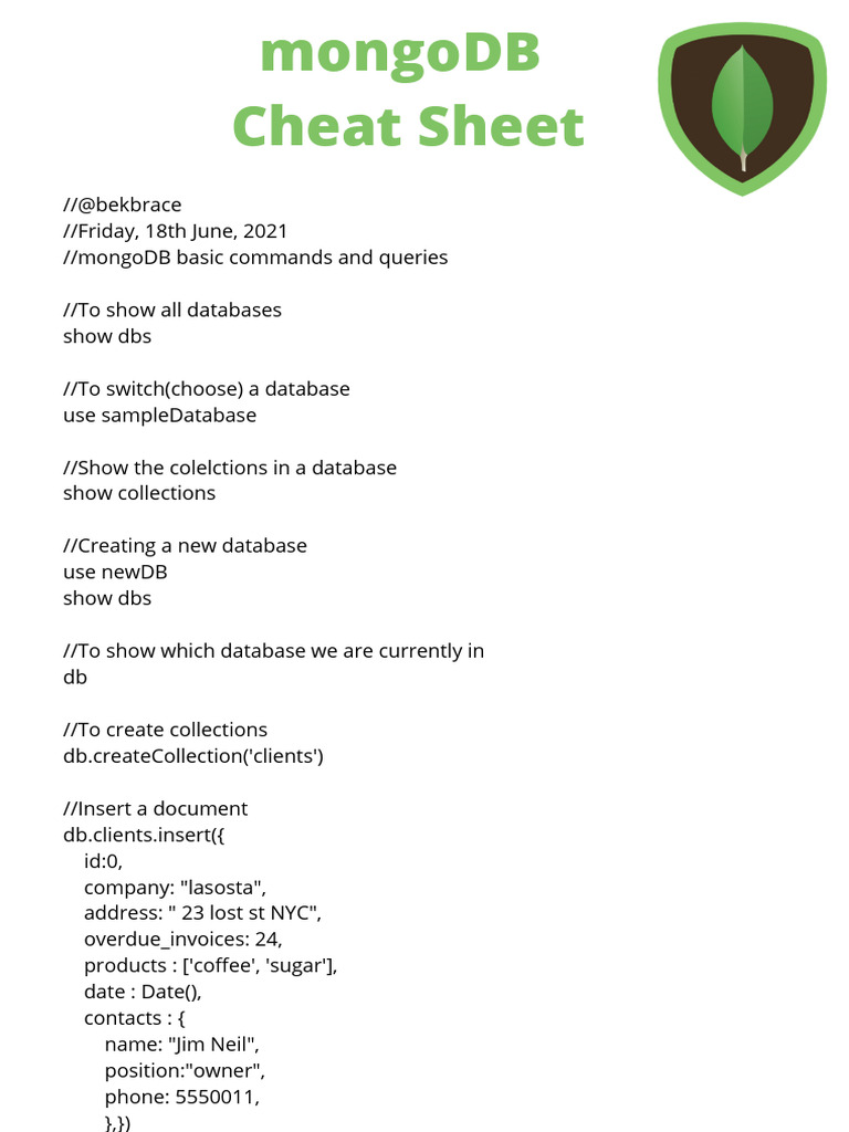 mongoDB Cheat Sheet | PDF