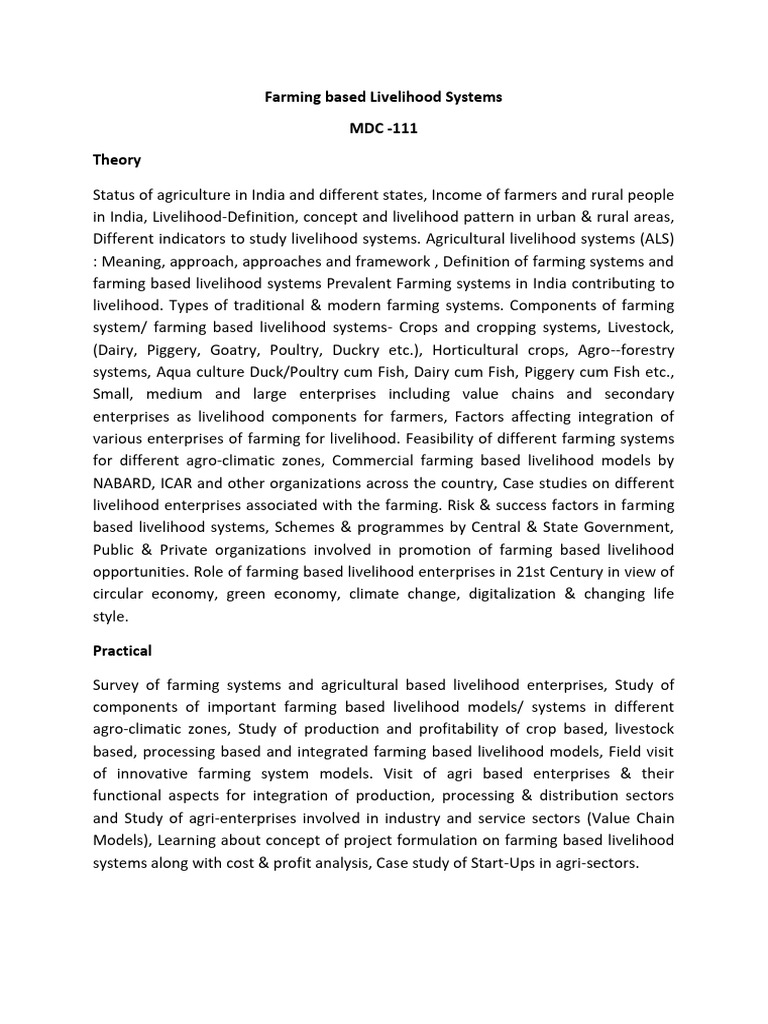 Syllabus - Farming Based Livelihood Systems (MDC 111) | PDF