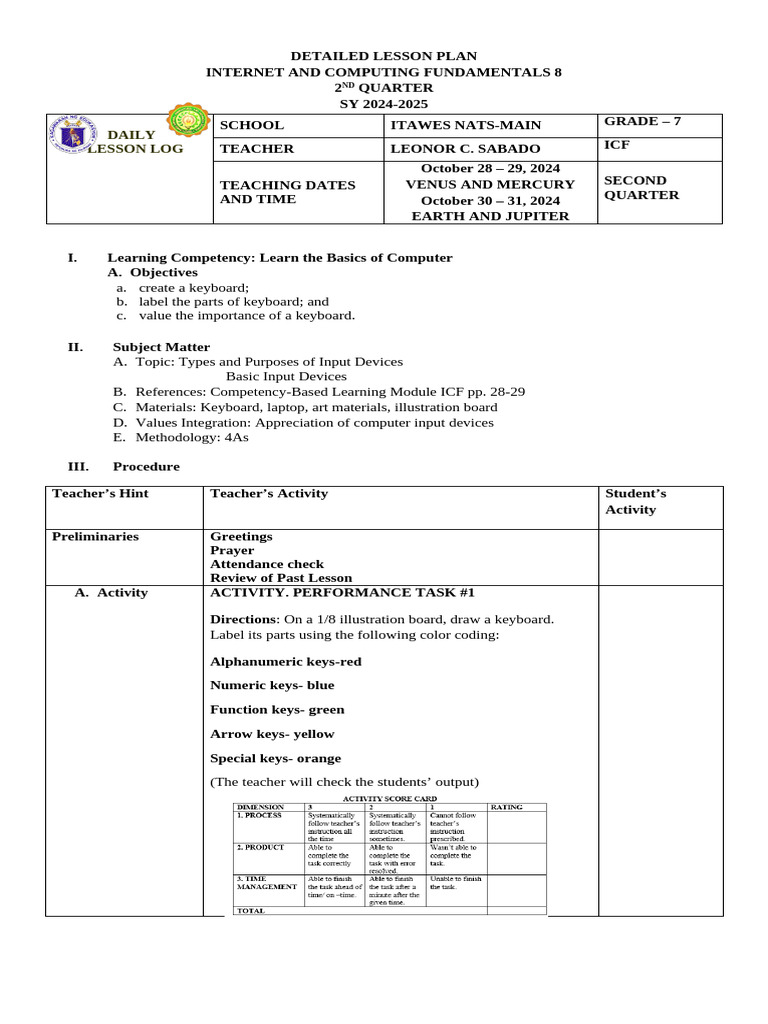 Grade 7 Computer Input Devices Lesson Plan | PDF | Computer Keyboard ...