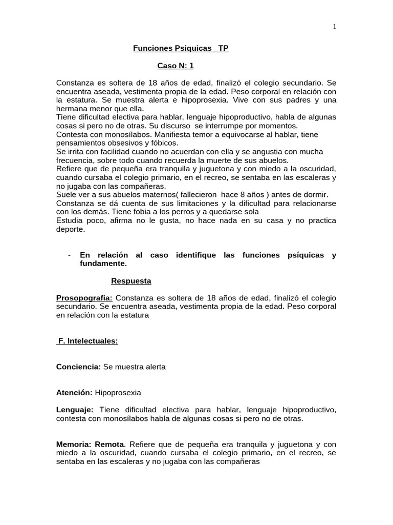 Funciones Psiquicas TP Casos Con Respuesta | PDF | Temor | Sicología
