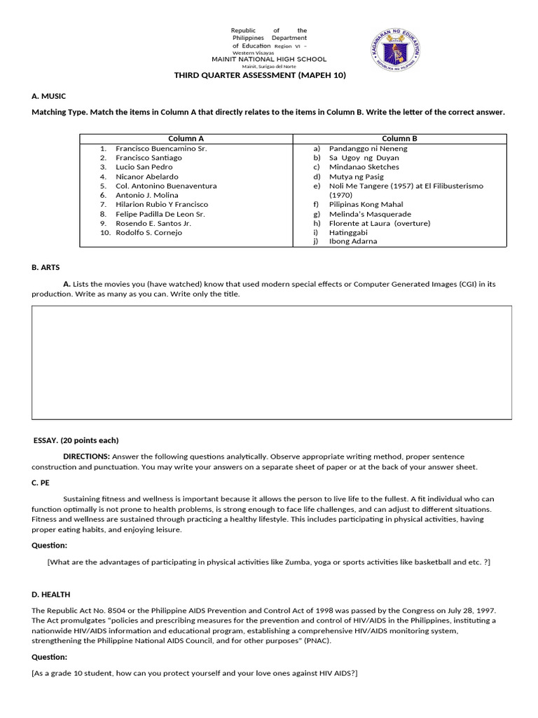 Mapeh 10 Summative Test | PDF