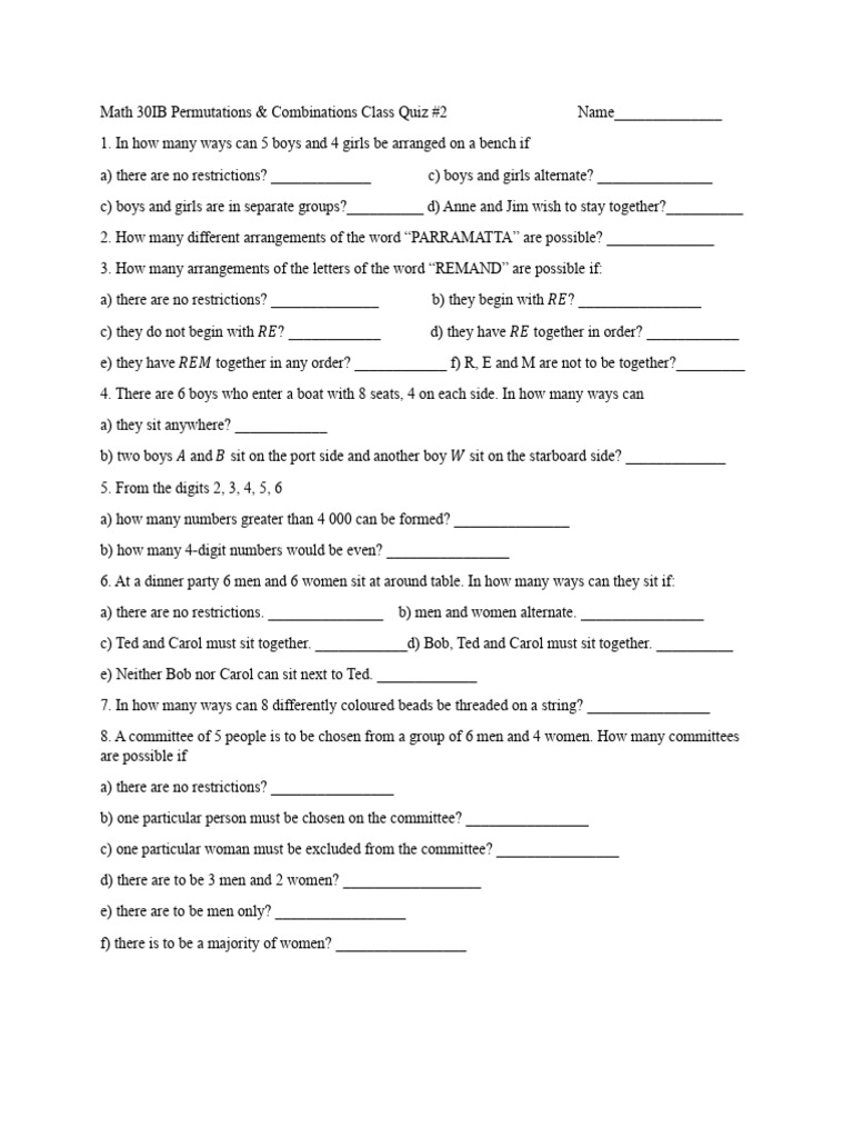 Math 30IB Permutations & Combinations Quiz | PDF | Sports | Gambling