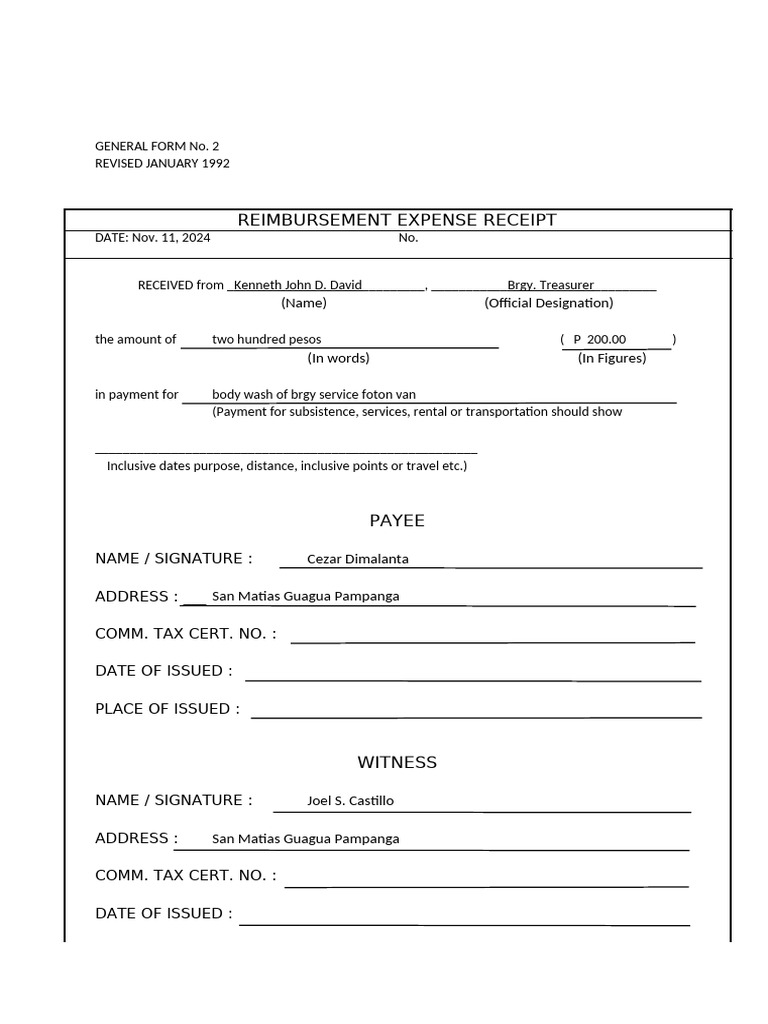 Reimbursement Expense Receipt Car Wash Van | PDF