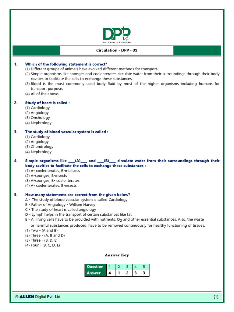 Body Fluids and Circulation DPP | PDF | Atrium (Heart) | Heart Valve