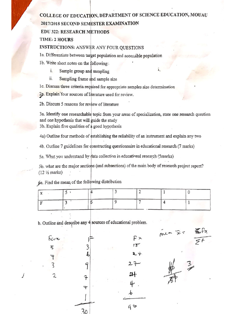 Edu 322 2017 - 2018 Past Questions | PDF