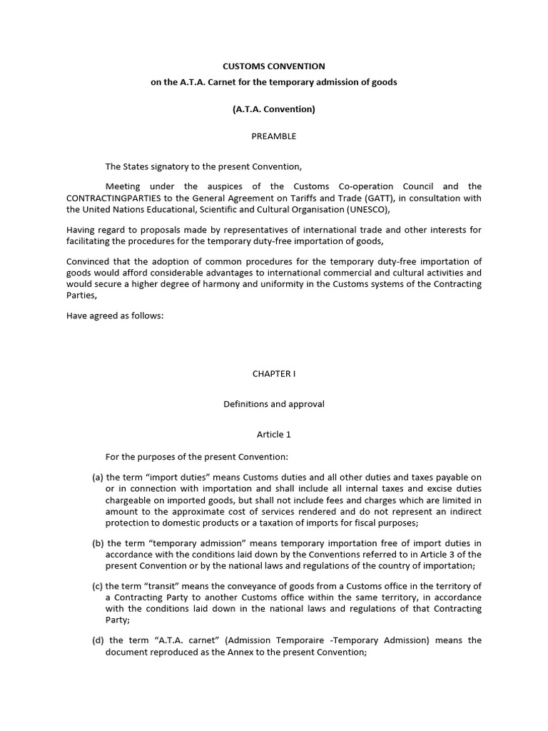 Pf Ata Conv Text | PDF | Ratification | Customs