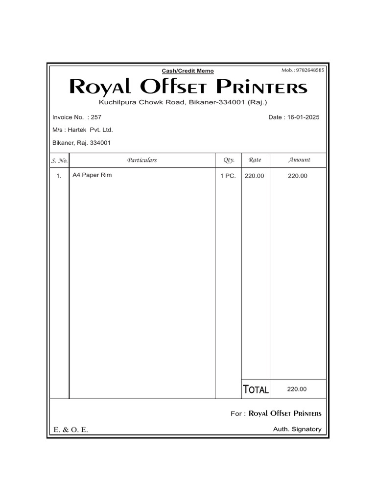 Royal Offset Printer Bill Book | PDF