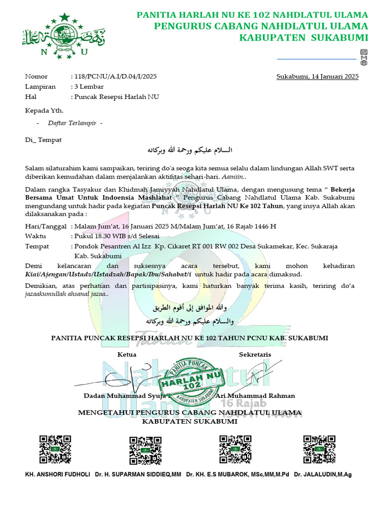 Surat Undangan Harlah Nu 102 Pcnu Kab. Sukabumi 2025 | PDF