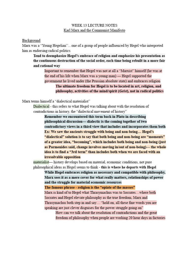WEEK 13 LECTURE NOTES (Marx) | PDF | Dialectic | Georg Wilhelm ...