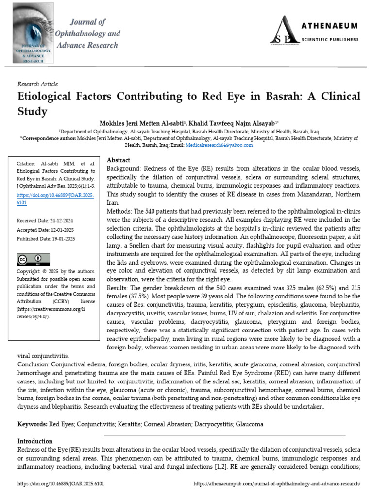 Etiological Factors Contributing To Red Eye in Basrah A Clinical Study ...