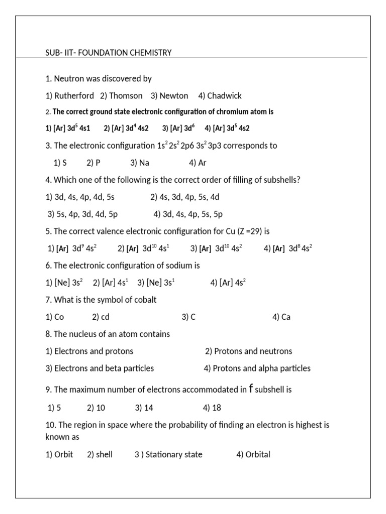 Class-Vi Iit-Foundarion Chemistry QP | PDF | Electron Configuration | Atoms