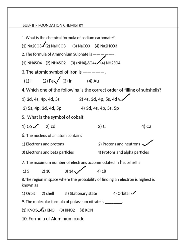 CLASS VIII Iit-Foundation Chemistry QP WITH KEY | PDF | Atoms | Electron Configuration