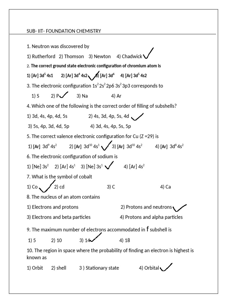 Class-Vi Iit-foundarion Chemistry QP (2) (1) | PDF | Electron Configuration | Atoms