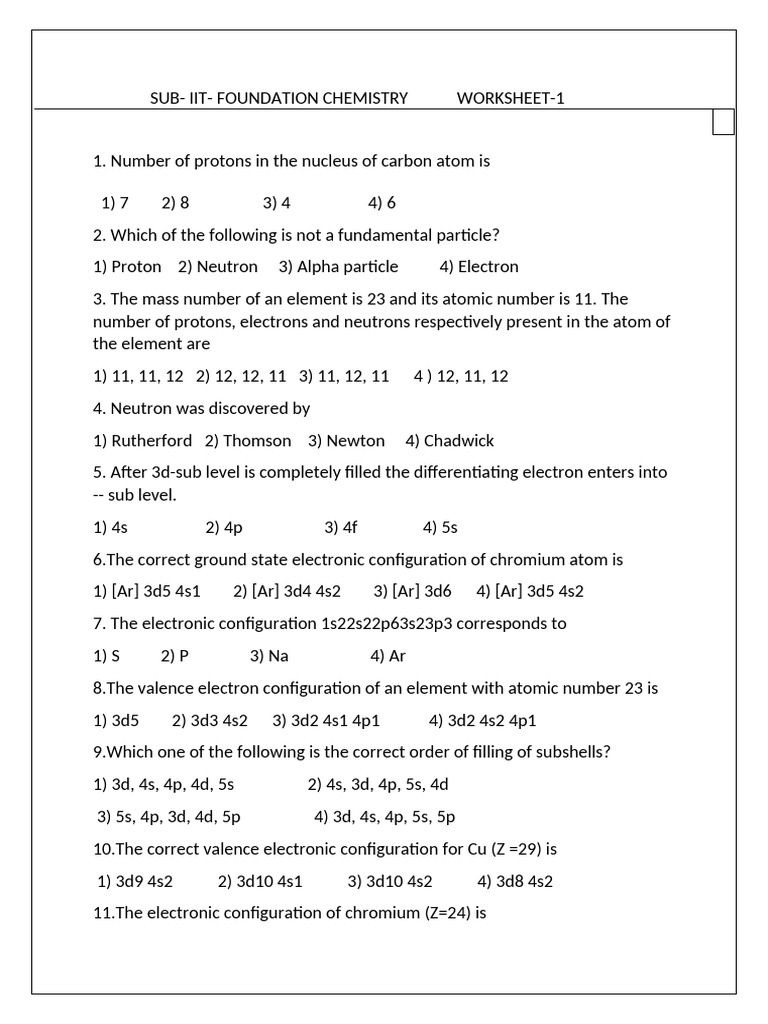 Foundation Chemistry Worksheet 1 | PDF | Electron Configuration | Atoms