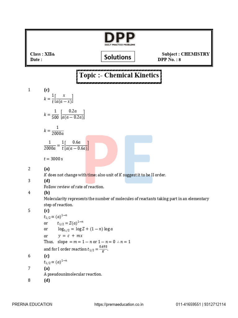 Class 12 Chemistry: Chemical Kinetics DPP | PDF | Reaction Rate | Change