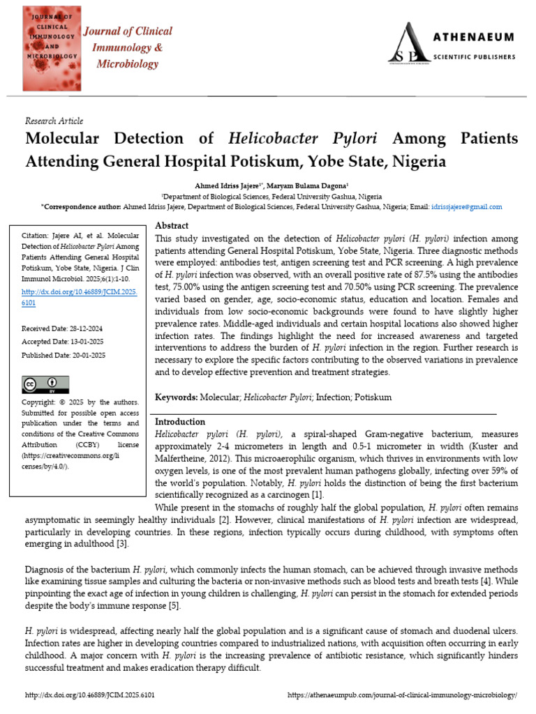 Molecular Detection of Helicobacter Pylori Among Patients Attending ...