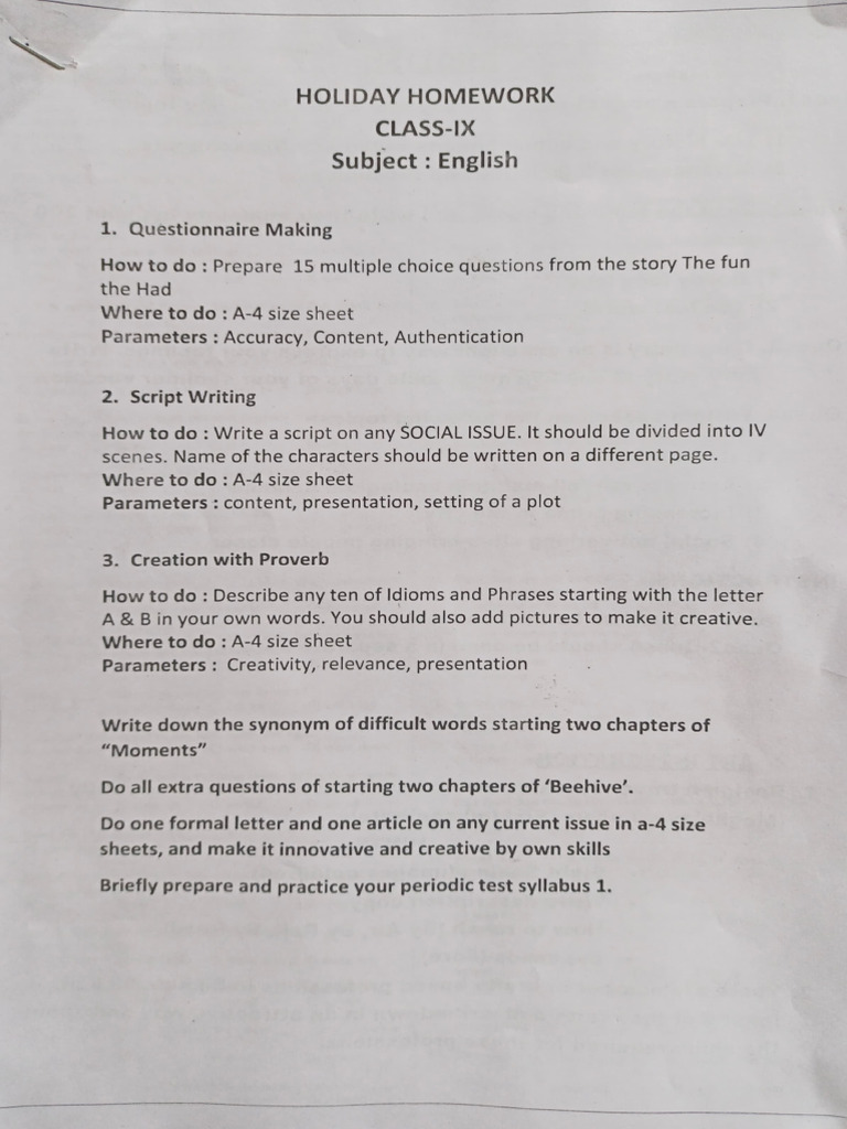 Holiday Homework Class Ix | PDF