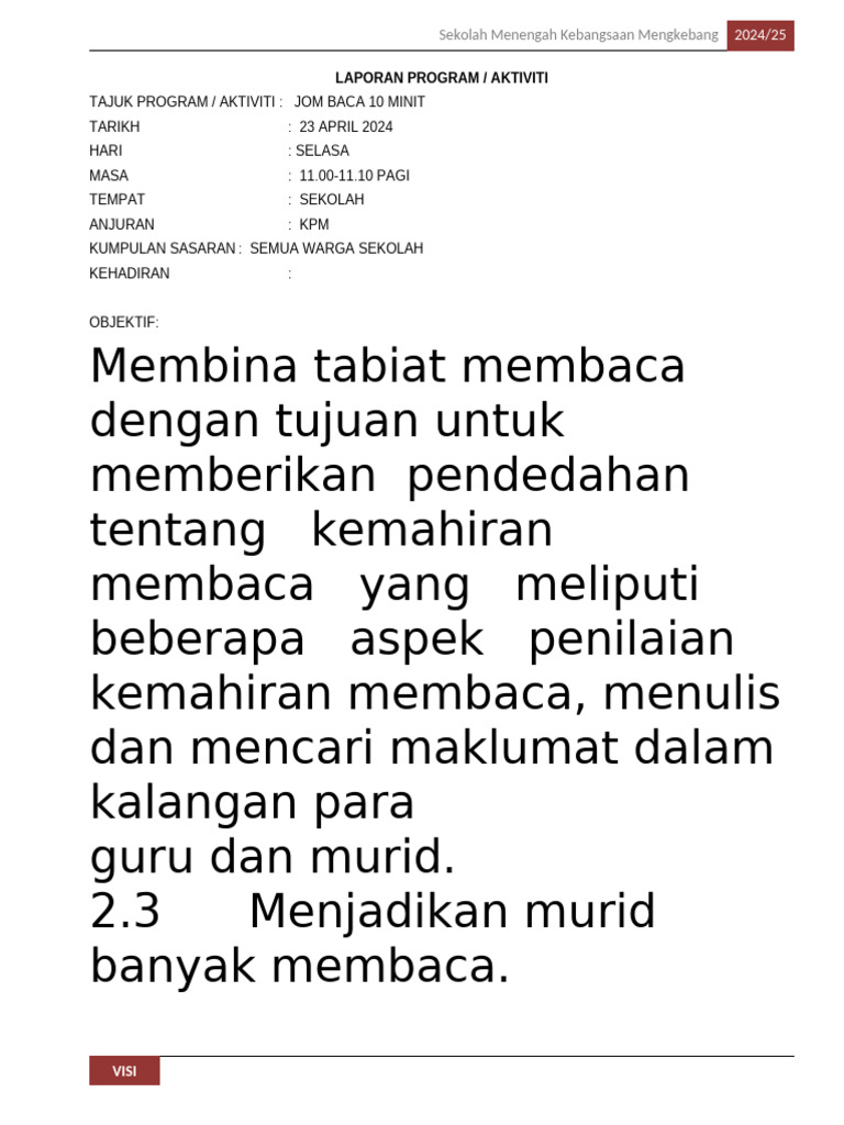 Laporan Jom Baca 10 Minit 2024 | PDF