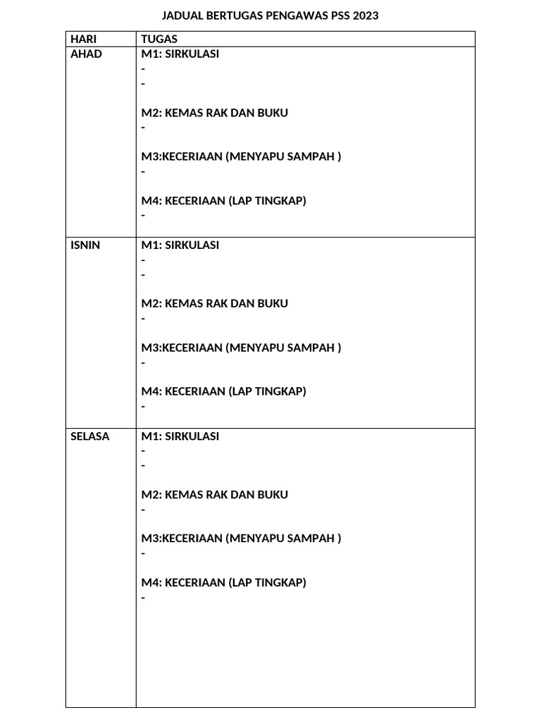 Jadwal Tugas Pengawas PSS | PDF