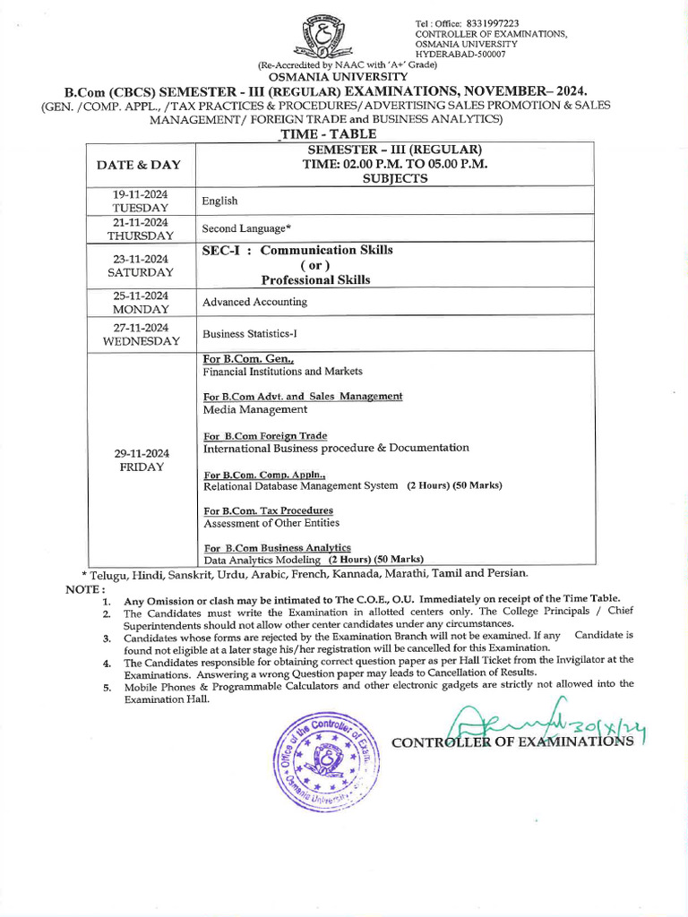 OU B.com 3rd and 5th Sem Exams Time Table - Nov 2024 | PDF