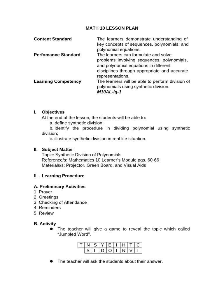 MATH 10 LESSON PLAN | PDF | Polynomial | Mathematics