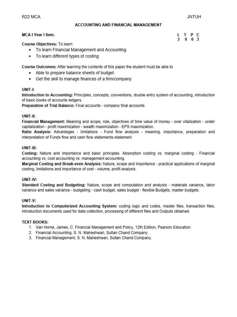 R22 MCA Syllabus - ACCOUNTING AND FINANCIAL MANAGEMENT | PDF