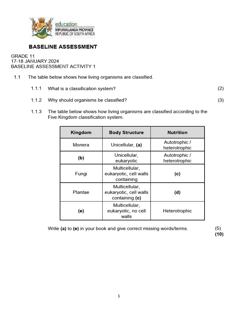 Baseline Assessment Activity 1 Grade 11 | PDF | Taxonomy (Biology) | Biological Classification