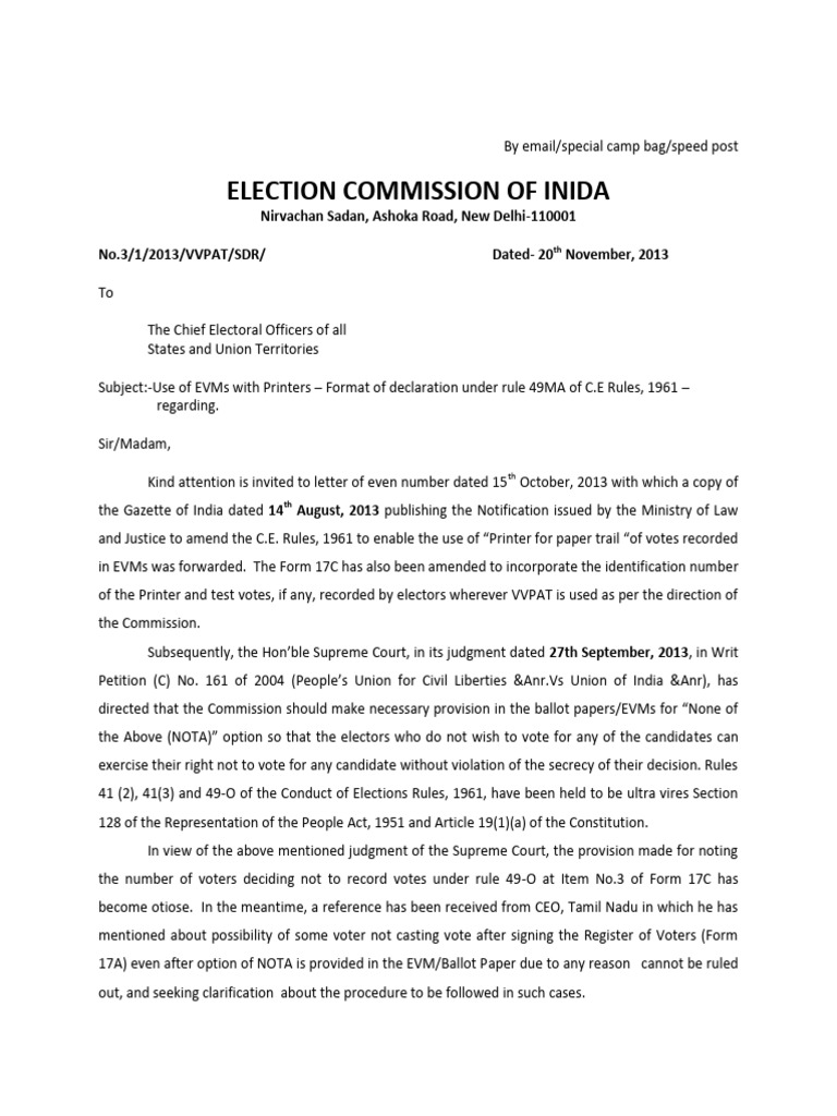 Use of EVMs With Printers - Format of Declaration Under Rule 49MA of C ...