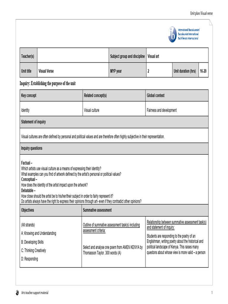 MYP2 Unit Planner Visual Art Verse en | PDF | Poetry | Thought