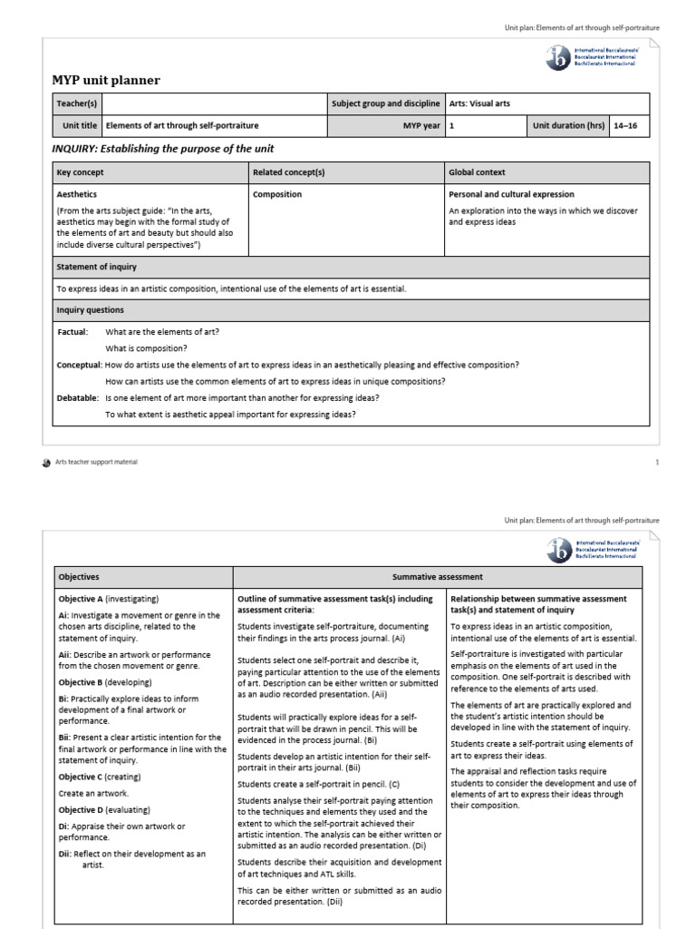 MYP1 Unit Planner Visual Art Elements en | PDF | The Arts | Aesthetics