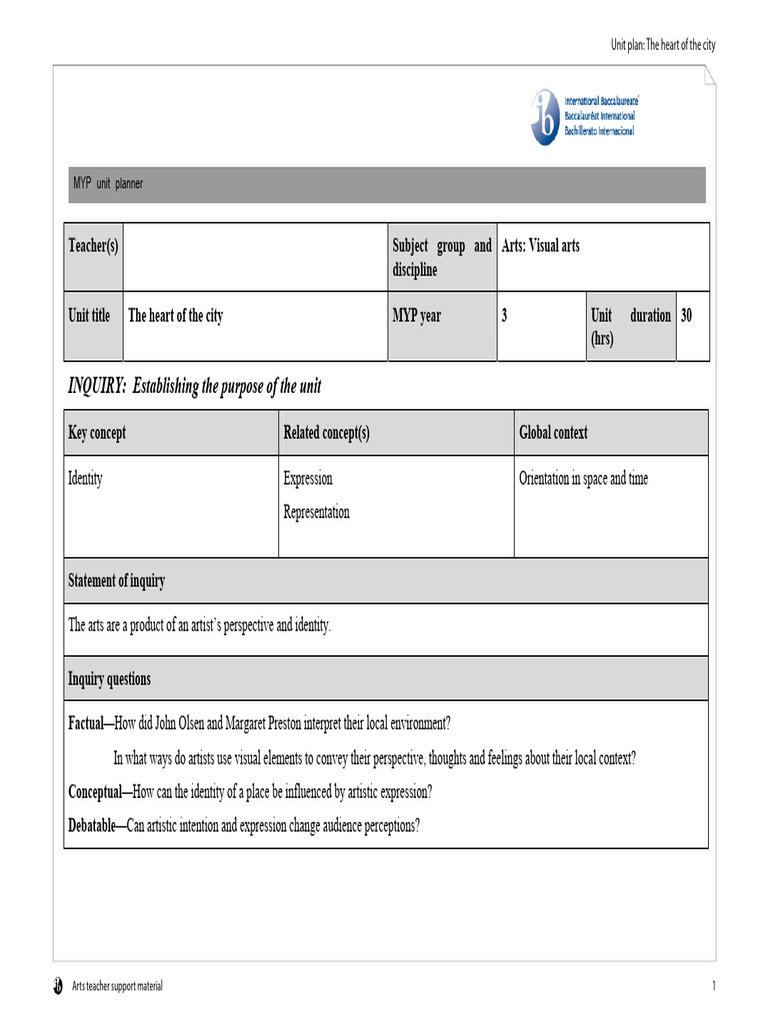 MYP Visual Arts Unit Plan: City Identity | PDF | Drawing | Learning