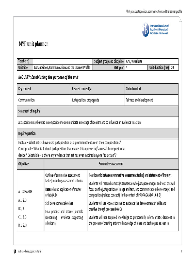 MYP4 Unit Planner Visual Art Juxtaposition en | PDF | Learning | Surrealism