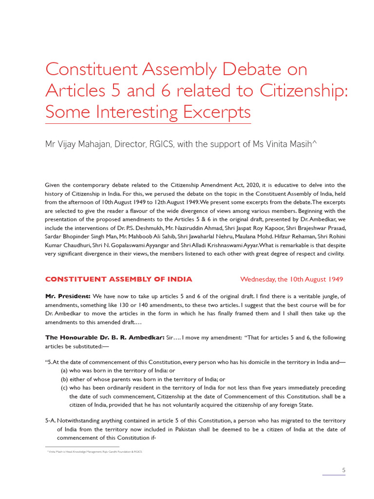 Constituent Assembly Debate on Articles 5 and 6 Related to Citizenship ...