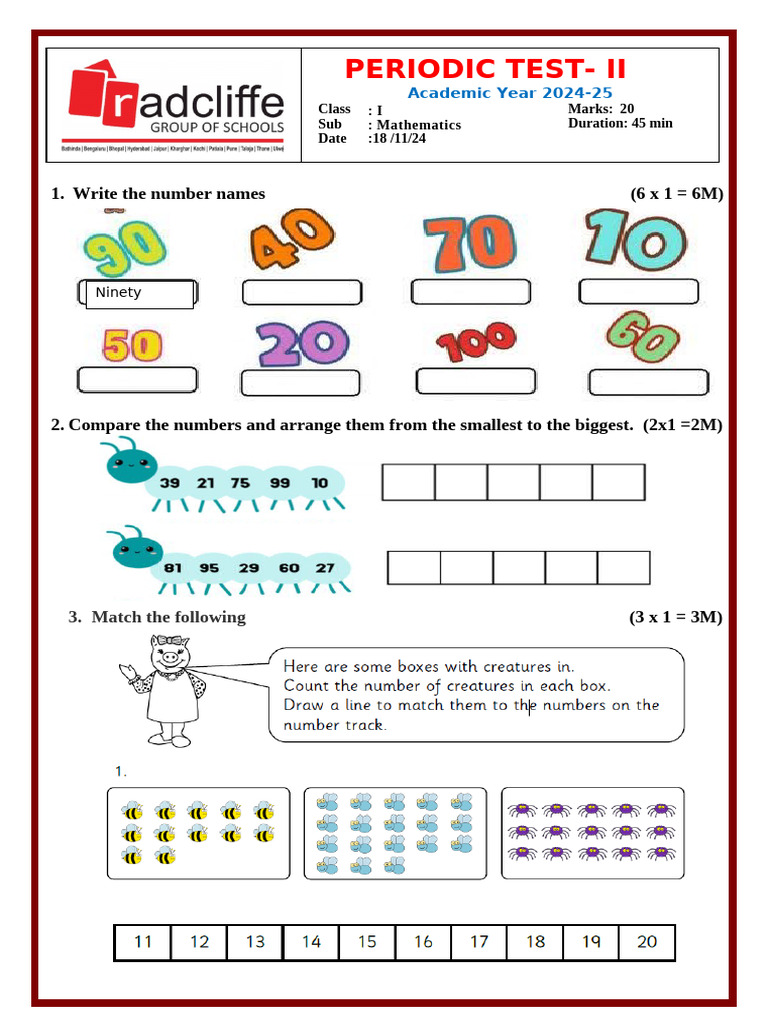 PT- 1 class 1 MATHS | PDF