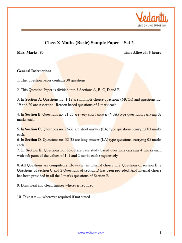 CBSE Class 10 Maths (Basic) Sample Paper Set 2 (2024-25) FREE PDF | PDF | Volume | Sphere