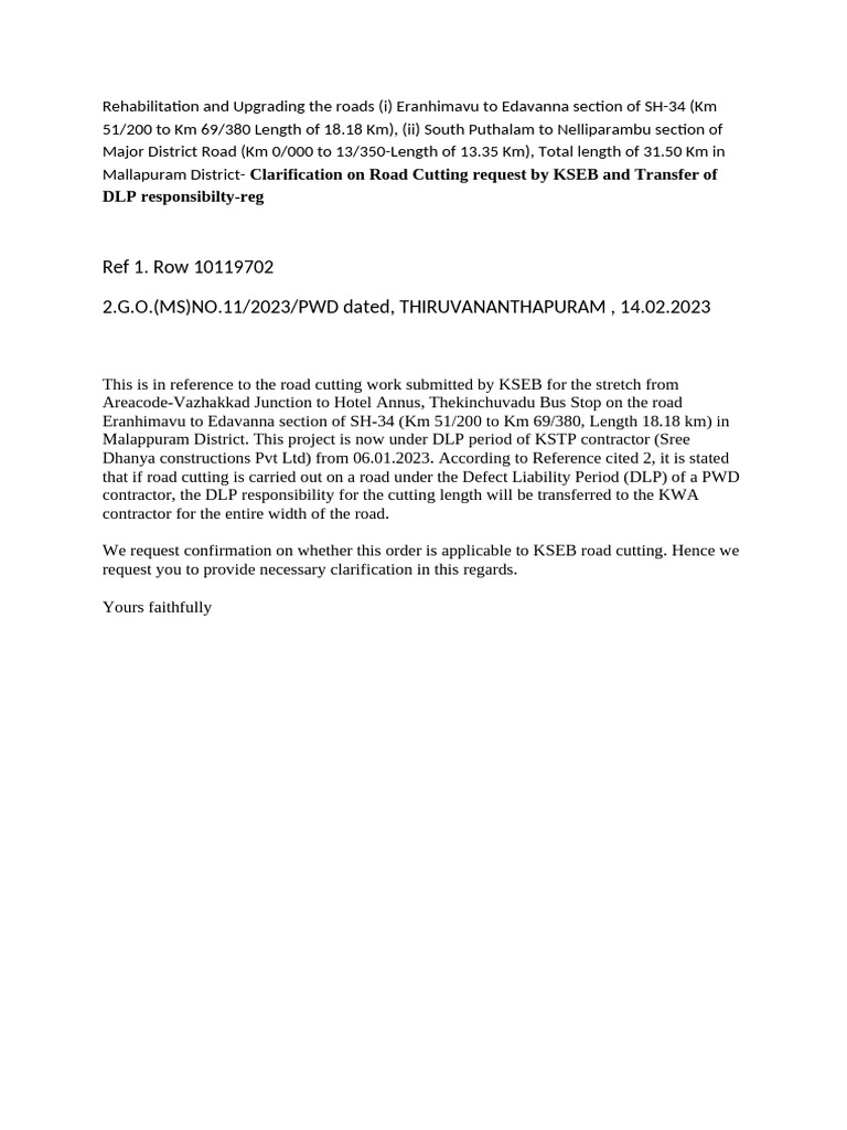 Road Rehabilitation Clarification Request | PDF