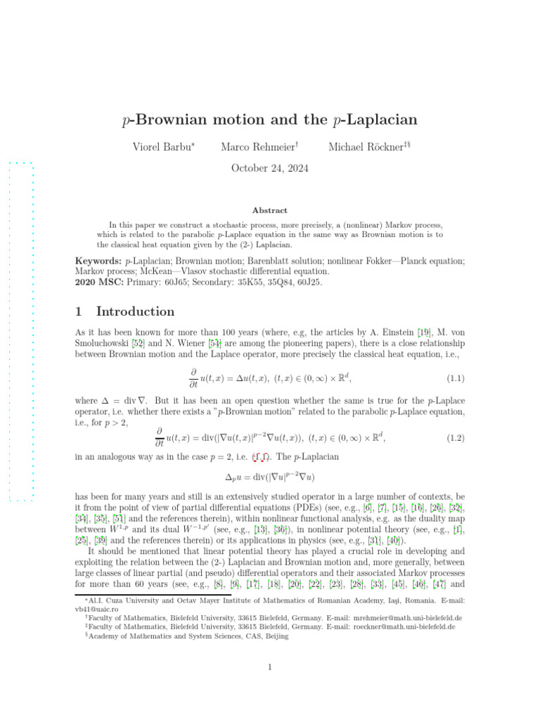P-Brownian Motion and the P-Laplacian | PDF | Stochastic Differential Equation | Measure ...