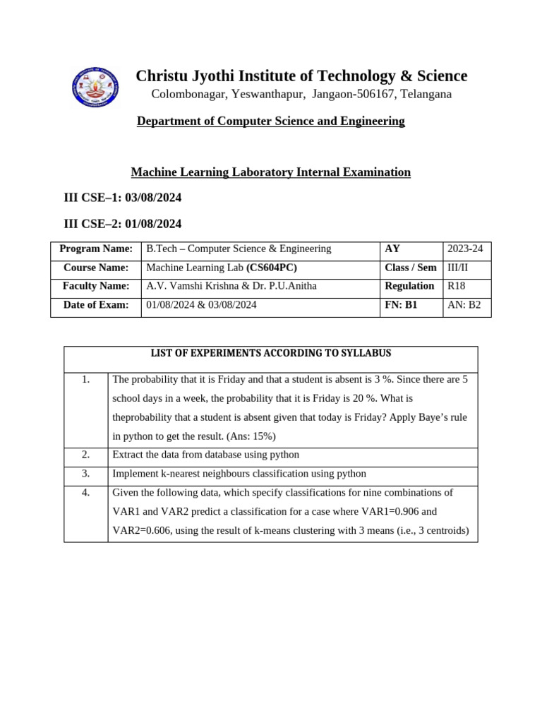 machine learning LIST OF EXPERIMENTS | PDF | Statistical Classification ... machine learning LIST OF EXPERIMENTS | PDF | Statistical Classification ...